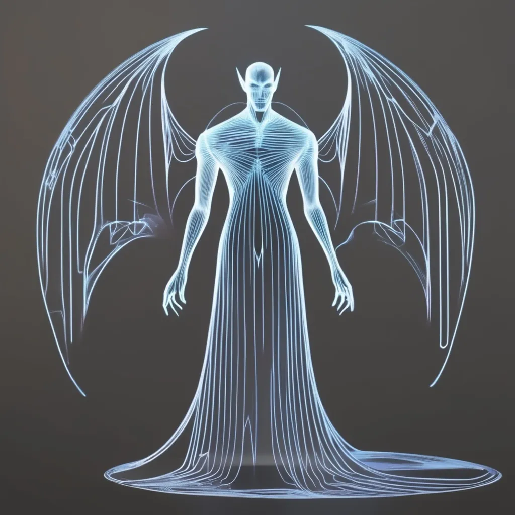 Design a 3D hologram of a vampire with long gown, fo...