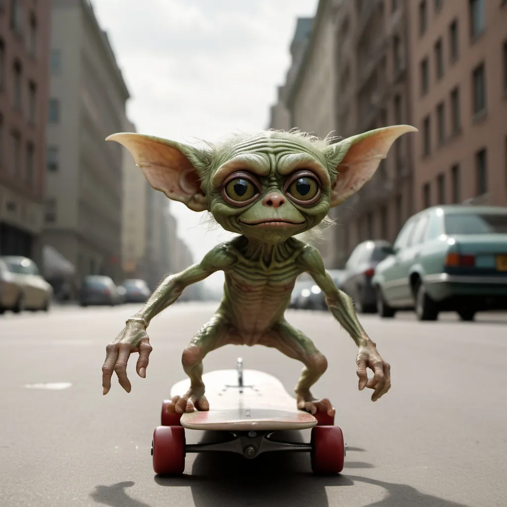 Leica portrait of a gremlin skateboarding, coded pat... | OpenArt