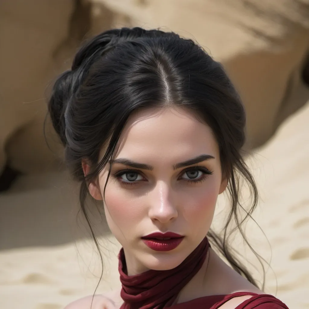 A bewitching woman in a torn carmine dress, her long...