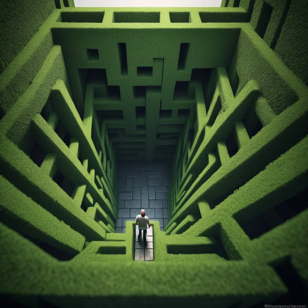 A man trapped inside a maze trying to find a way out...