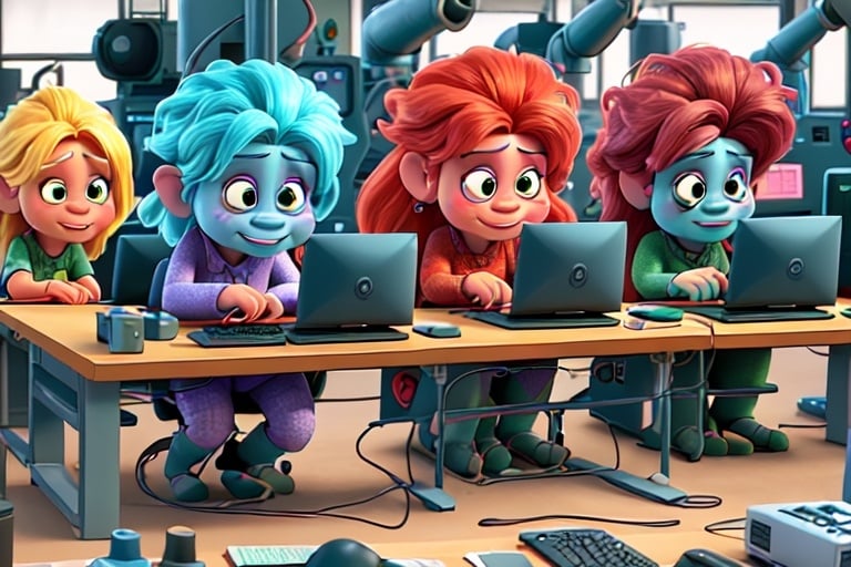 trolls working with computers in a factory