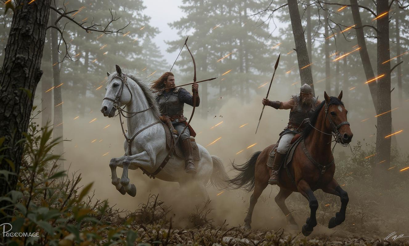 In a misty forest, two Viking warriors on horseback...