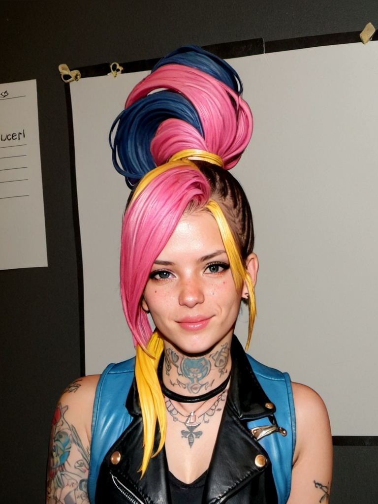 Character design sheet woman blue-pink ponytail blac...