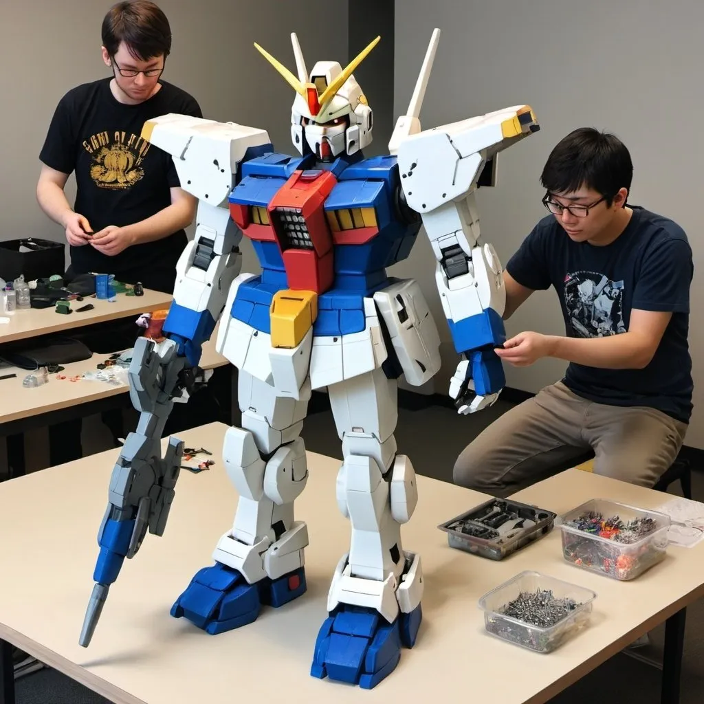 Nerds building a Gundam