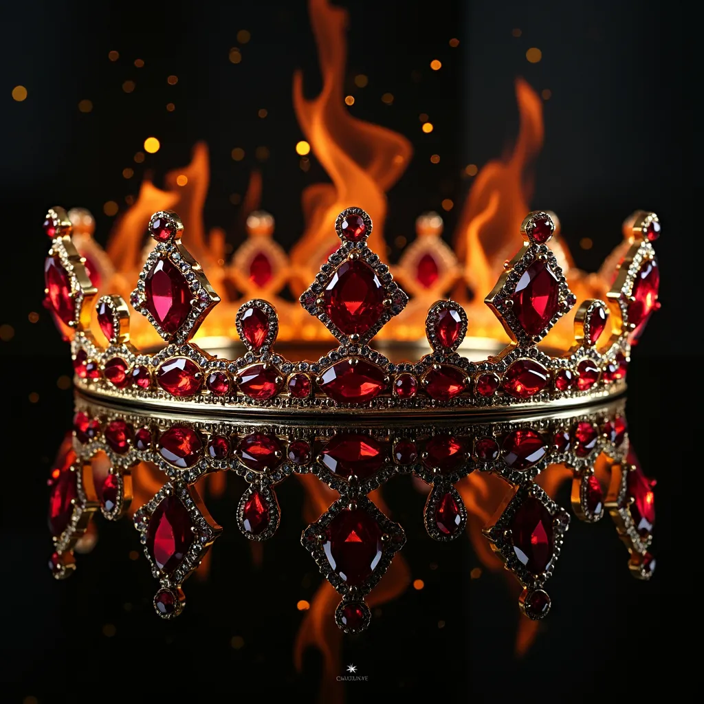 Femme queen Crown with red rubys on fire with a refl...