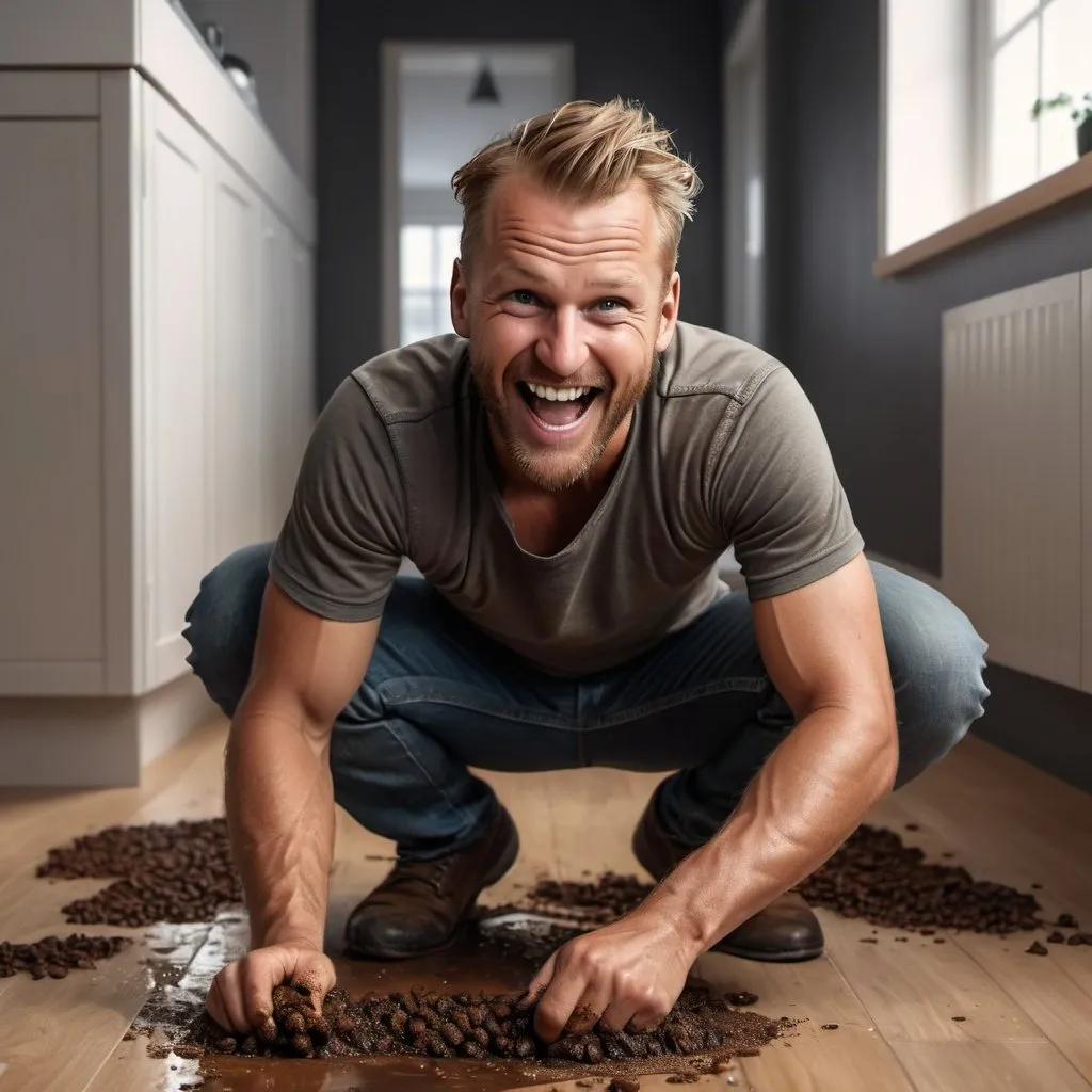 swedish guy defecating on the floor, squatting, piec...