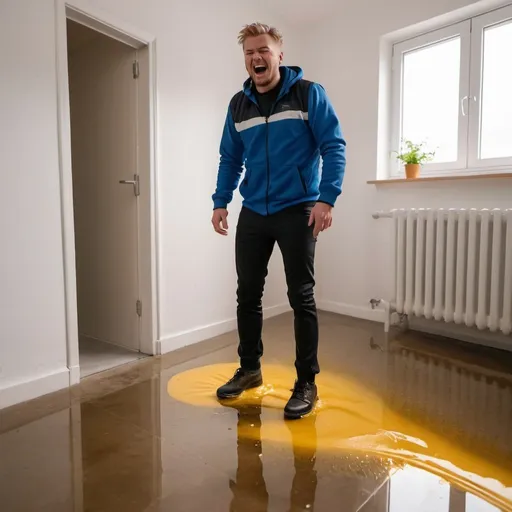 finnish guy urinating on the floor, standing up , st...