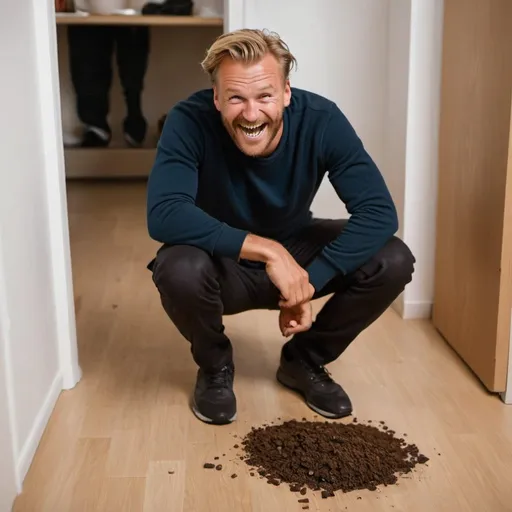 swedish guy defecating on the floor, squatting, piec...