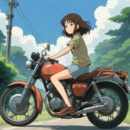 2d studio ghibli anime style, girl on motorcycle, an...