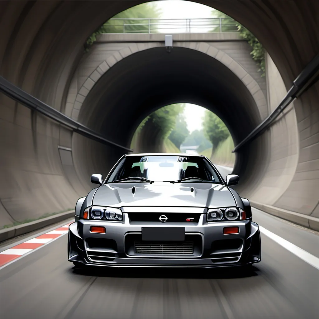 realistic sketching of Nissan R32 GTR racing through...