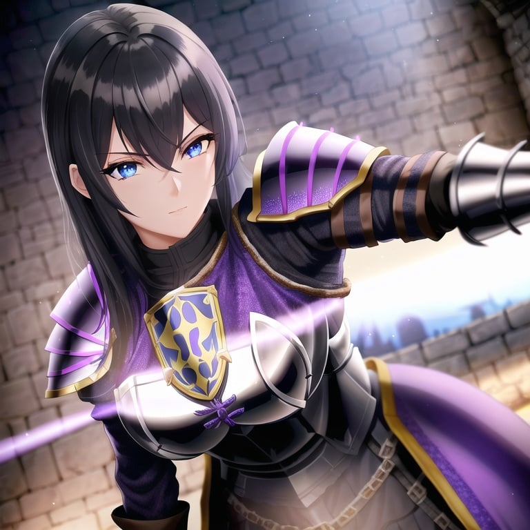 Female knight with black hair, striking blue eyes, p...