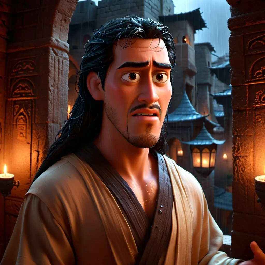 man in ancient robe, ancient home architecture, frig...