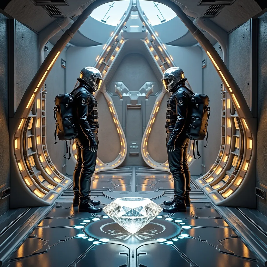 Two men in sleek black suits and polished helmets wi...