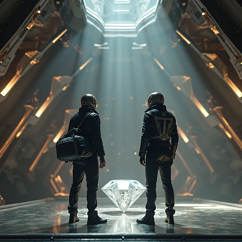 Two men in sleek black suits and polished helmets wi...