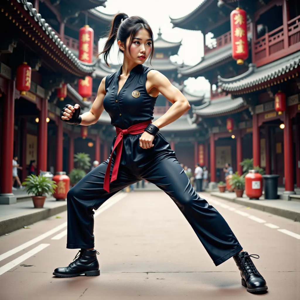 (hyper realistic photo) a female martial artist is w...