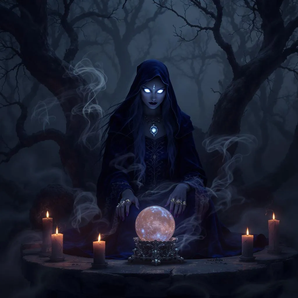 A shadowy, ethereal oracle seated atop an ancient st...