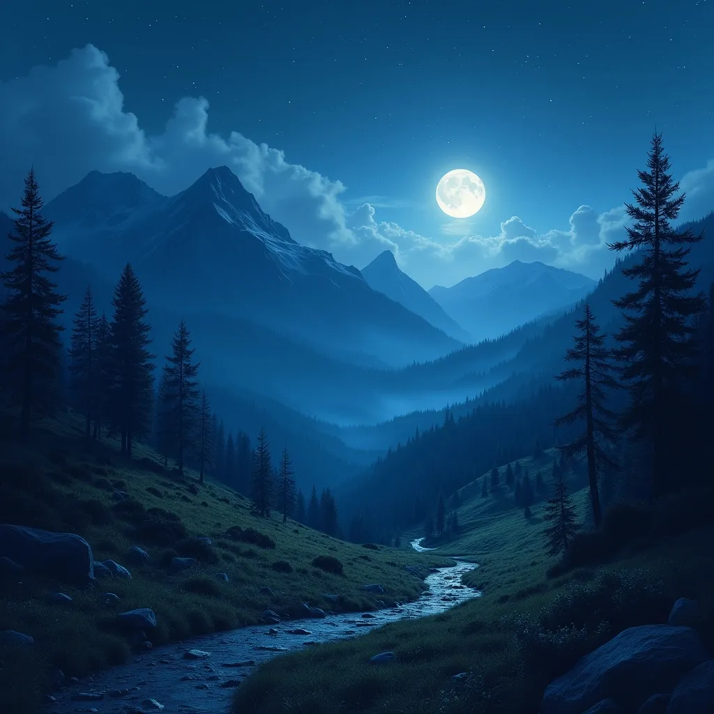 mountainous landscape illuminated by moonlight, sere...