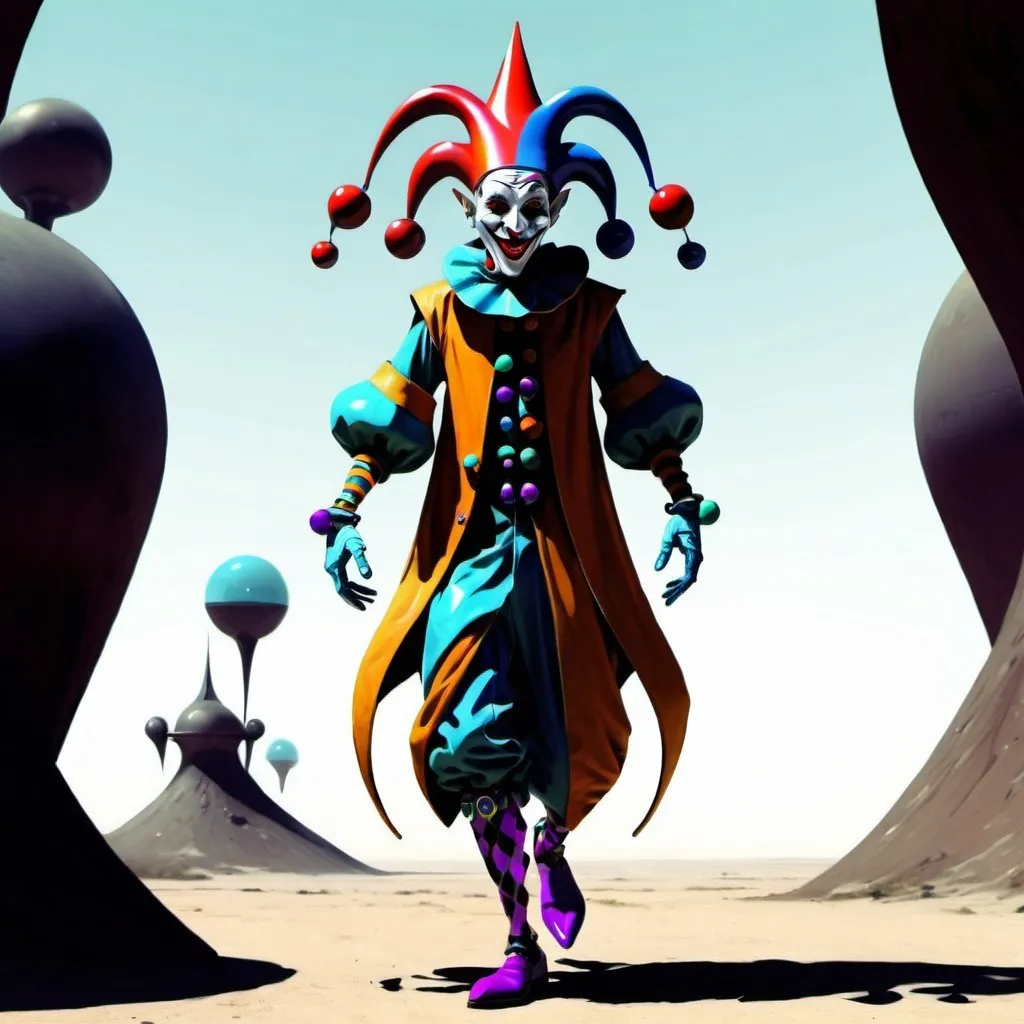 A crazy futuristic jester wandering around, digital...