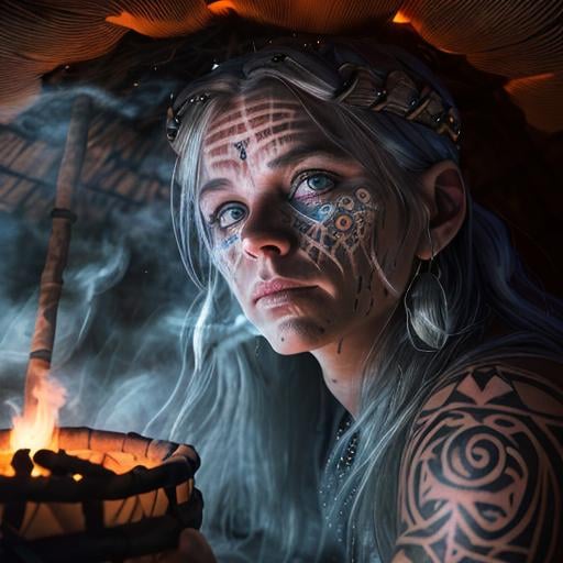 close up portrait Viking woman sitting inside a swea...