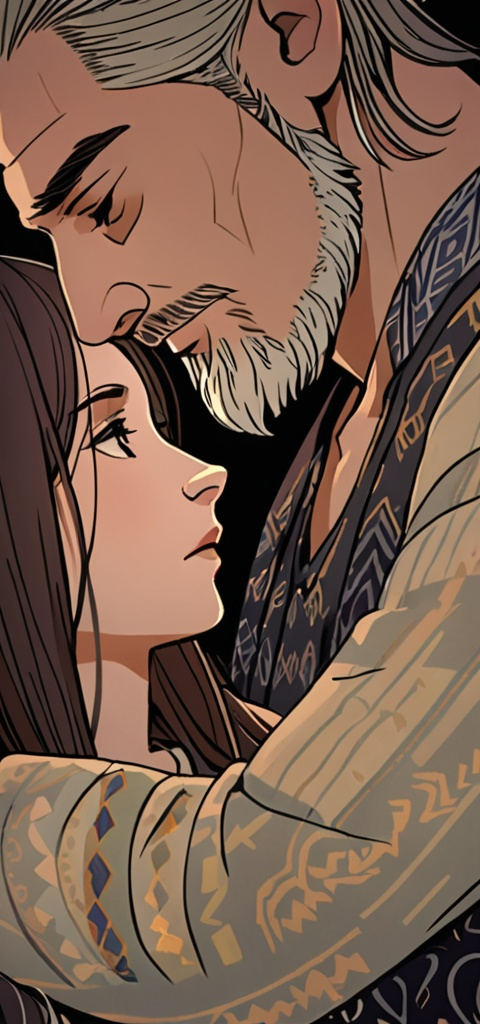 In a cozy indoor setting, two individuals lean close...