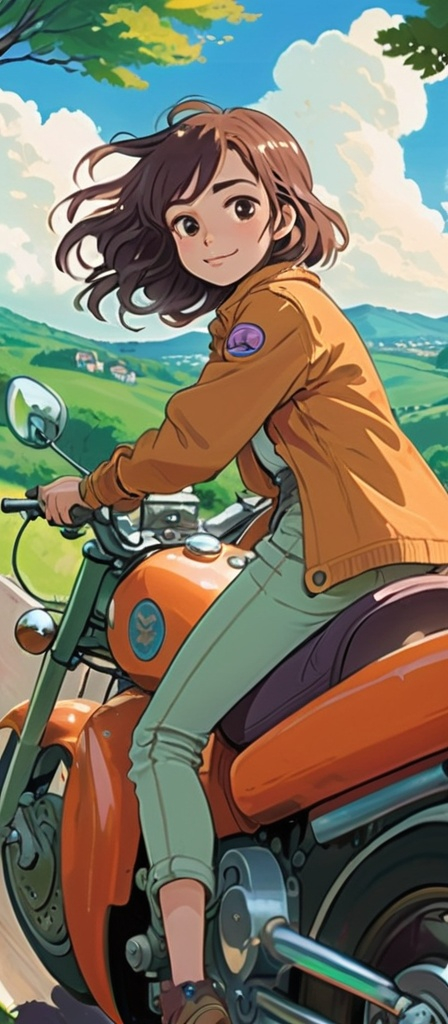 2d studio ghibli anime style, girl on motorcycle, an...