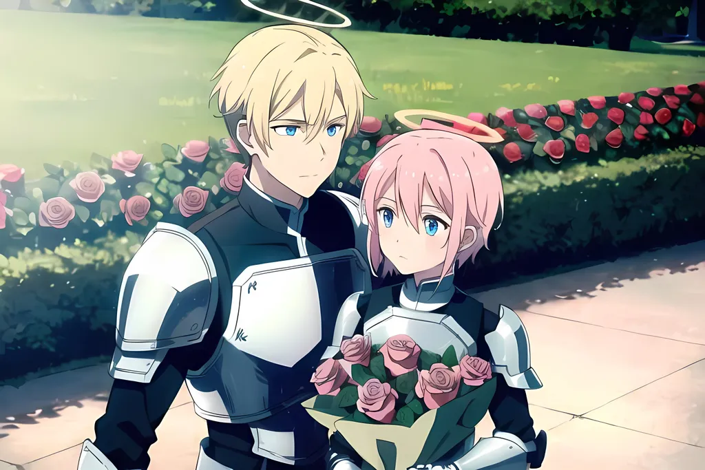 Man with Halo, Wearing armor adorned with roses, hol...