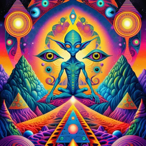 DMT elves, psychedelic art style, vibrant and surrea...