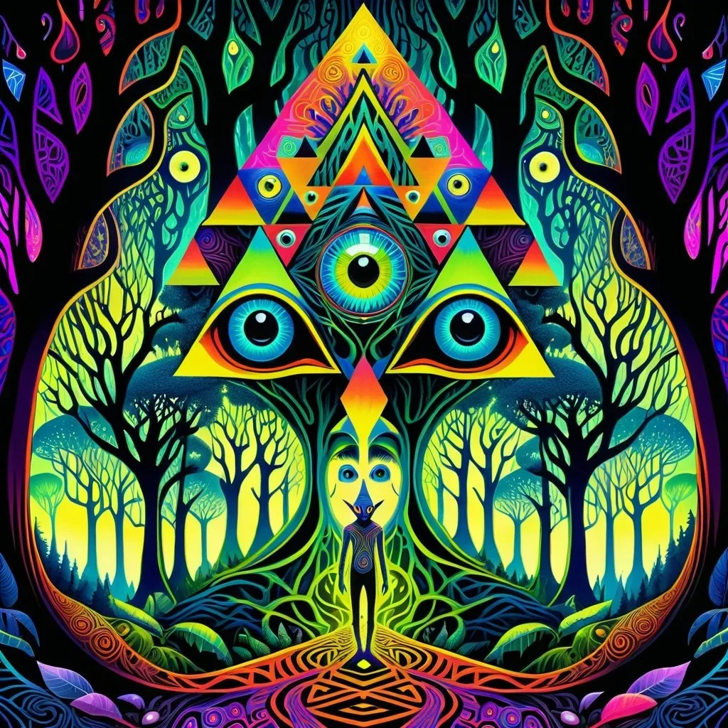 DMT elves, psychedelic art style, vibrant and surrea...