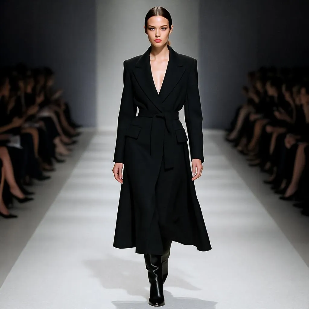 A model walking the runway in a high-end fashion show.