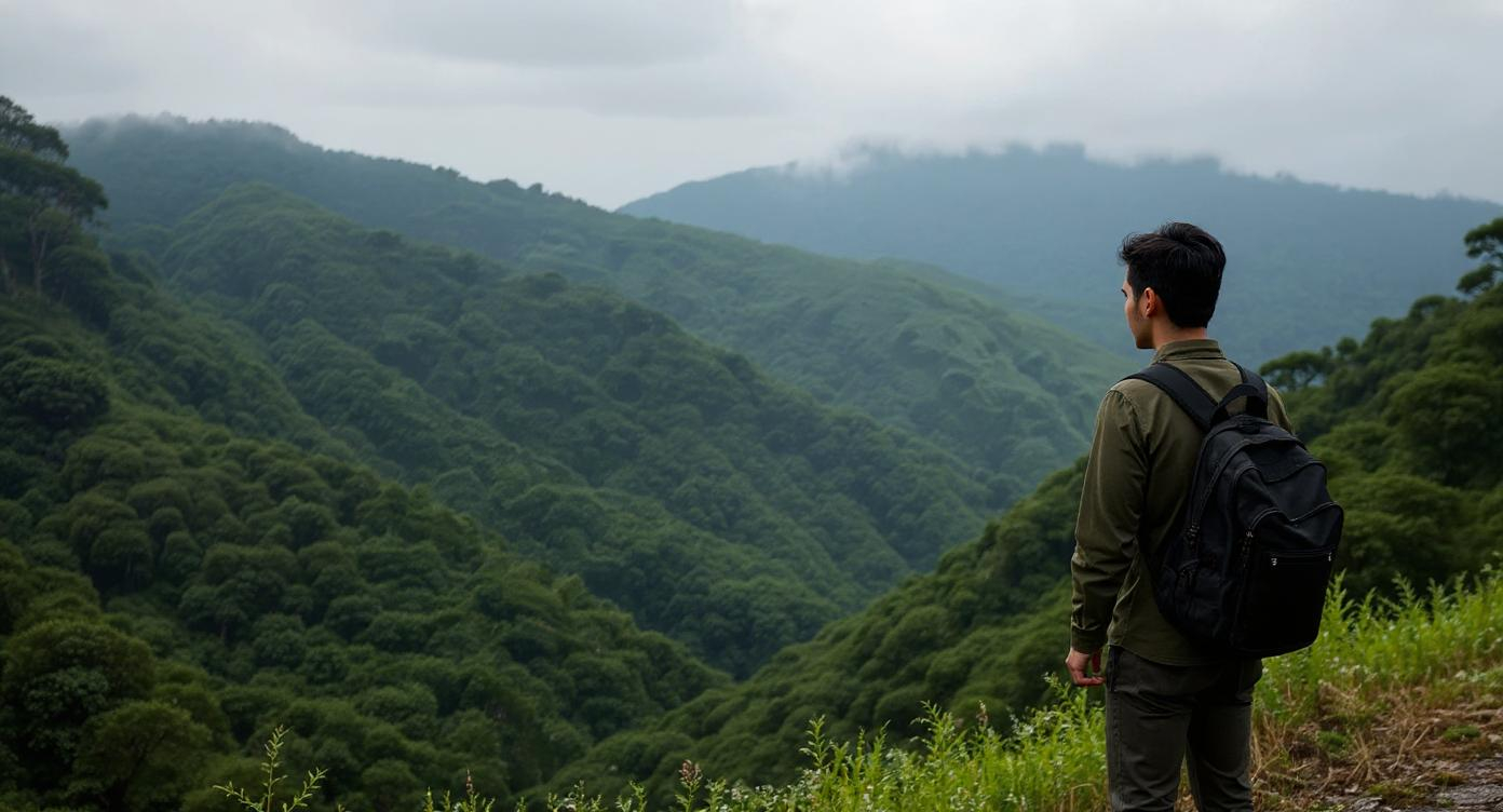 Standing at the edge of a verdant valley, a lone fig...