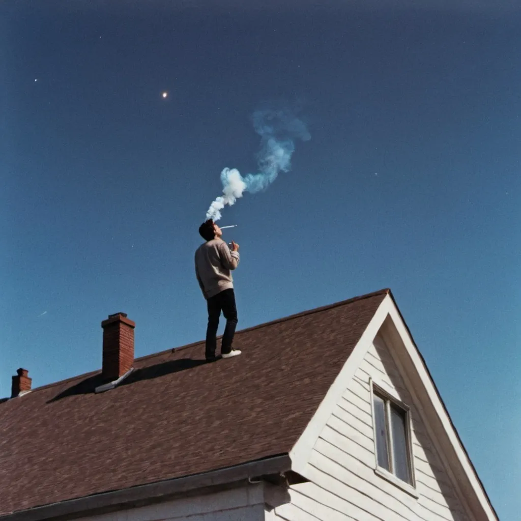 an album cover of someone smoking on a house roof lo...