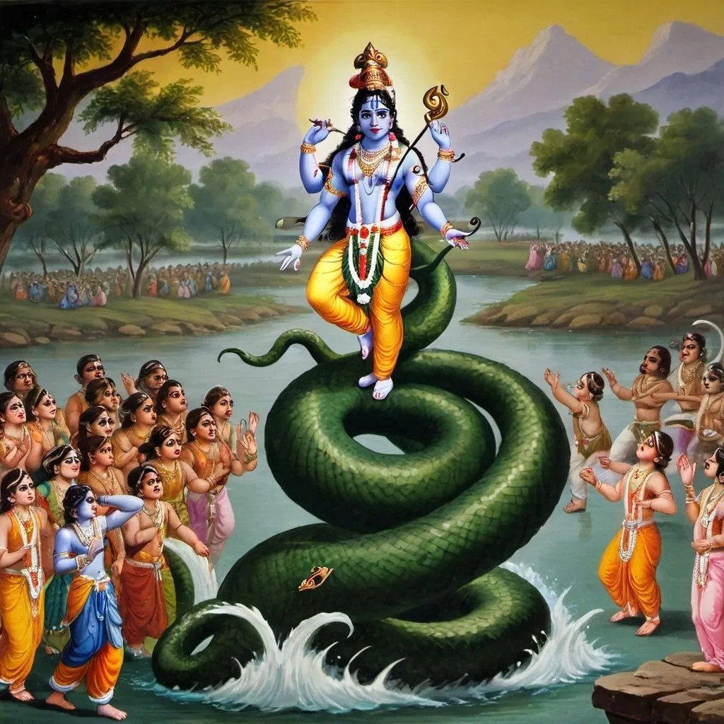 Lord Krishna and Kaliya: Scene: Krishna subduing th...