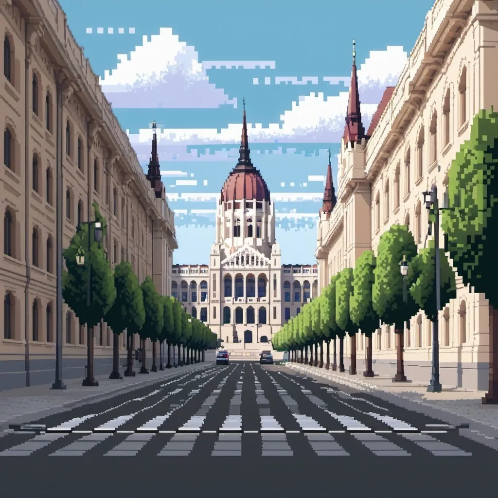 PIXEL ART OF A STREET IN FRONT OF THE PARLIAMENT IN...