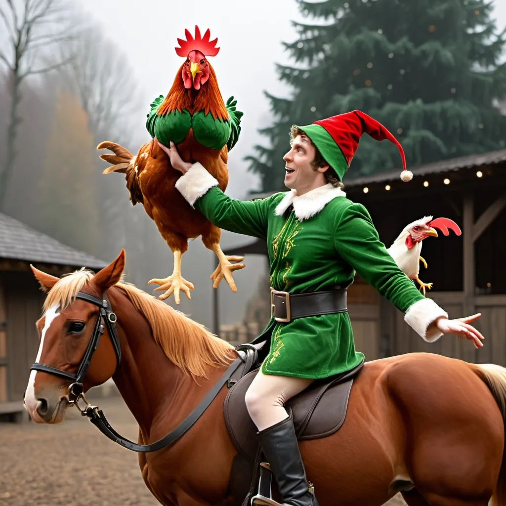 An elf throwing a chicken on a horse's head
