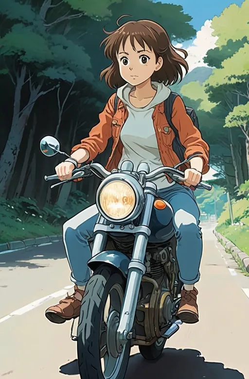 2d studio ghibli anime style, girl on motorcycle, an...