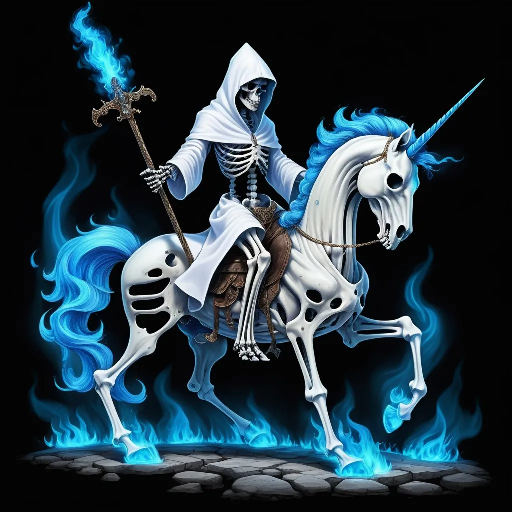 ein [pech-schwarzes Einhorn, mit blauem Feuer statt...