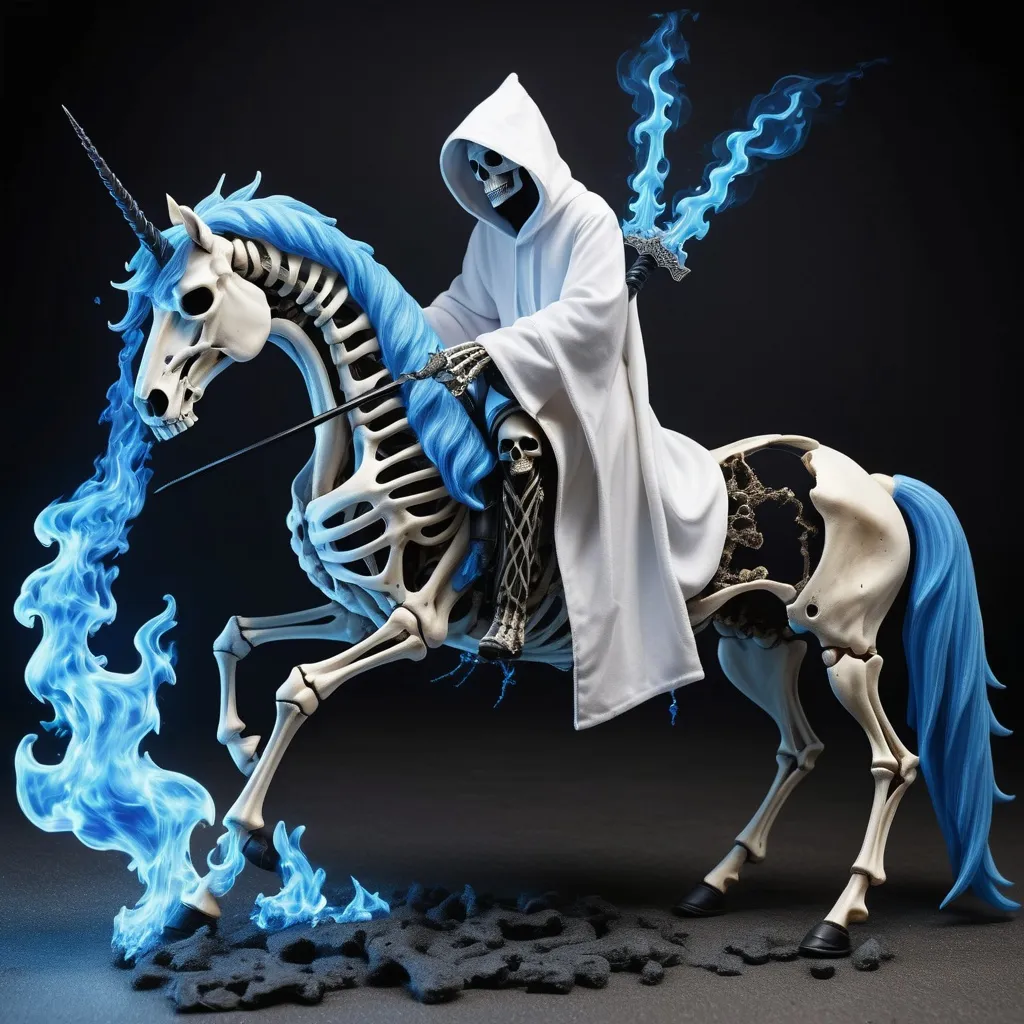 ein [pech-schwarzes Einhorn, mit blauem Feuer statt...