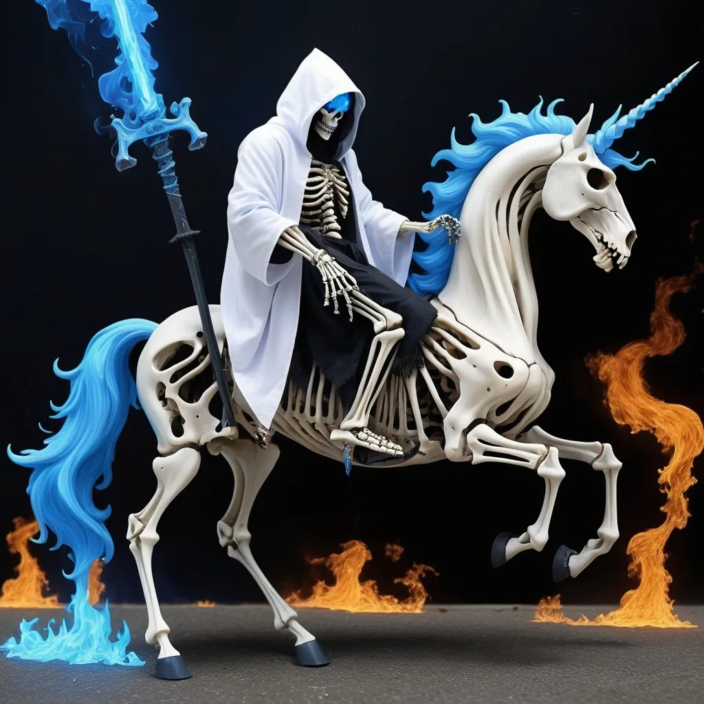 ein [pech-schwarzes Einhorn, mit blauem Feuer statt...