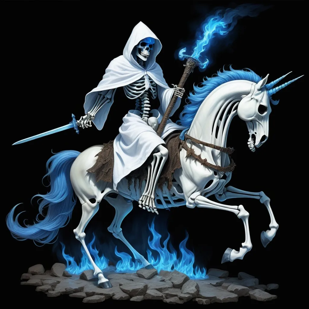 ein [pech-schwarzes Einhorn, mit blauem Feuer statt...