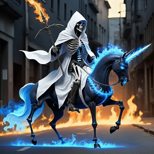 ein [pech-schwarzes Einhorn, mit blauem Feuer statt...