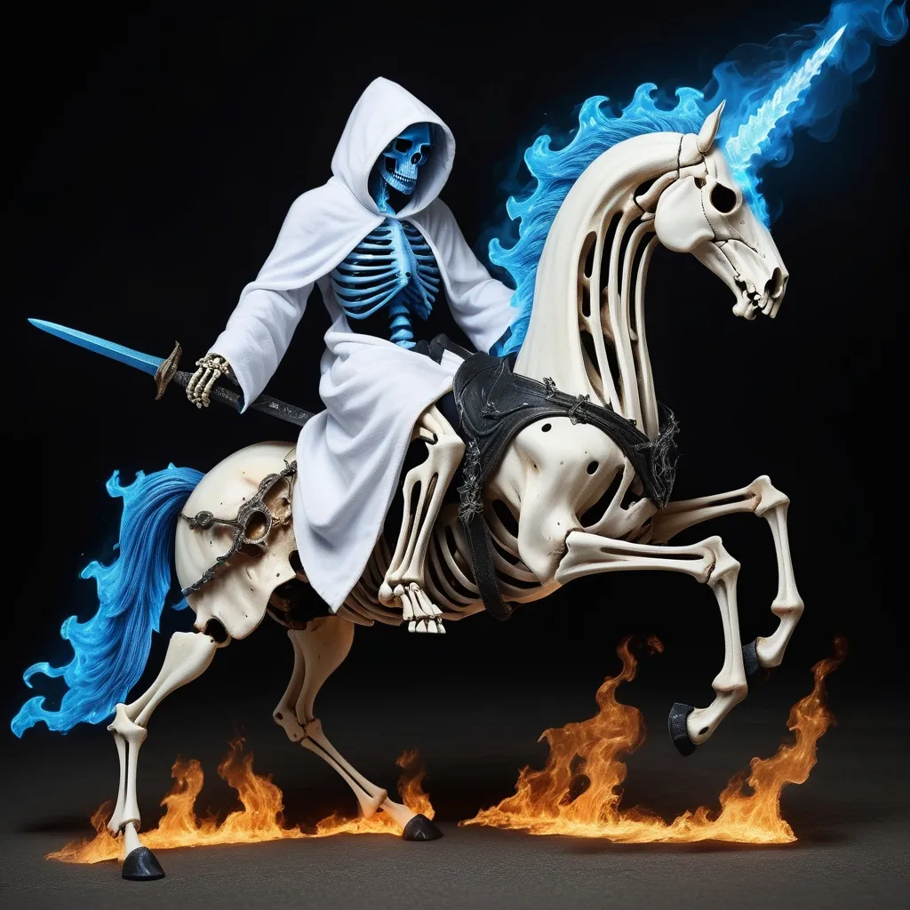 ein [pech-schwarzes Einhorn, mit blauem Feuer statt...