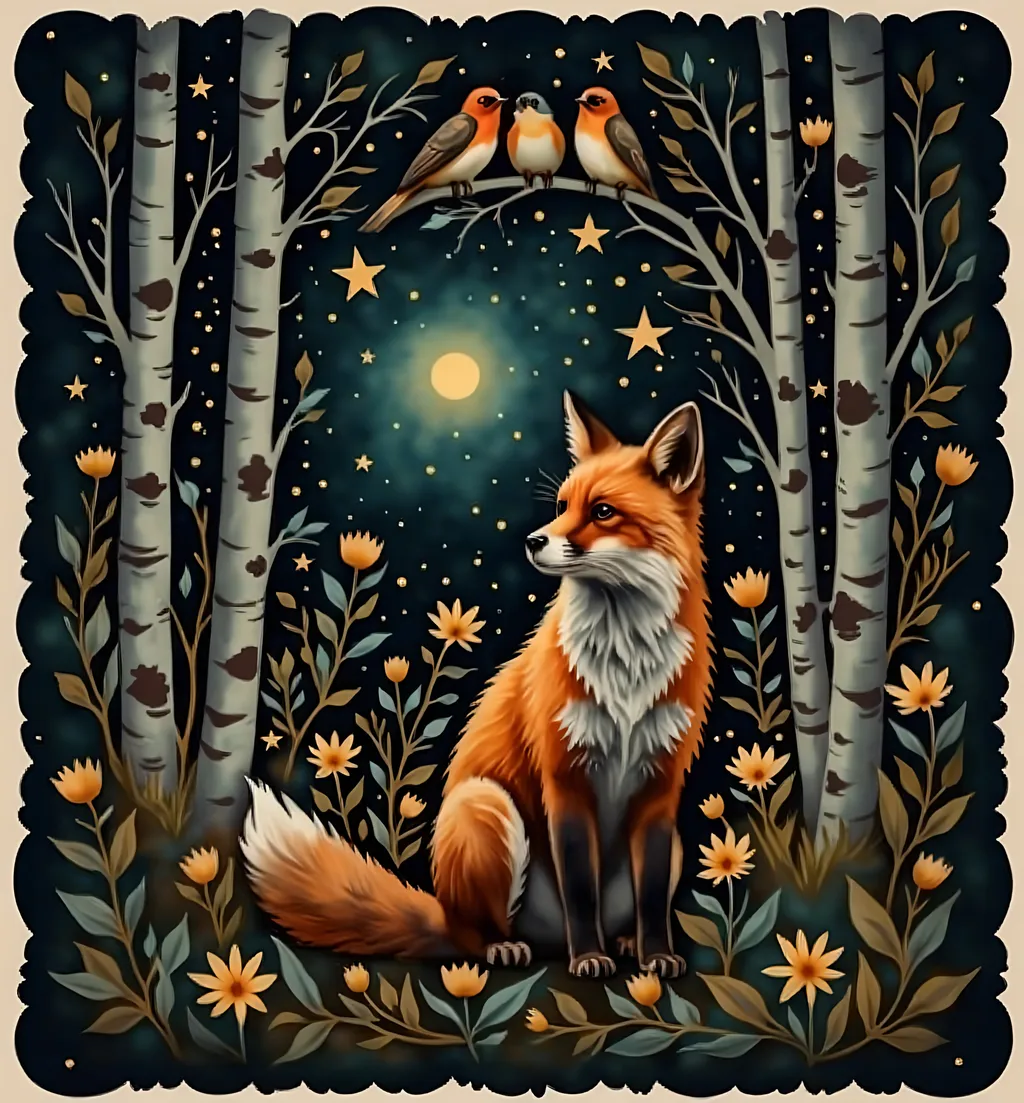 A red orange fox sitting under a starry night sky, s...