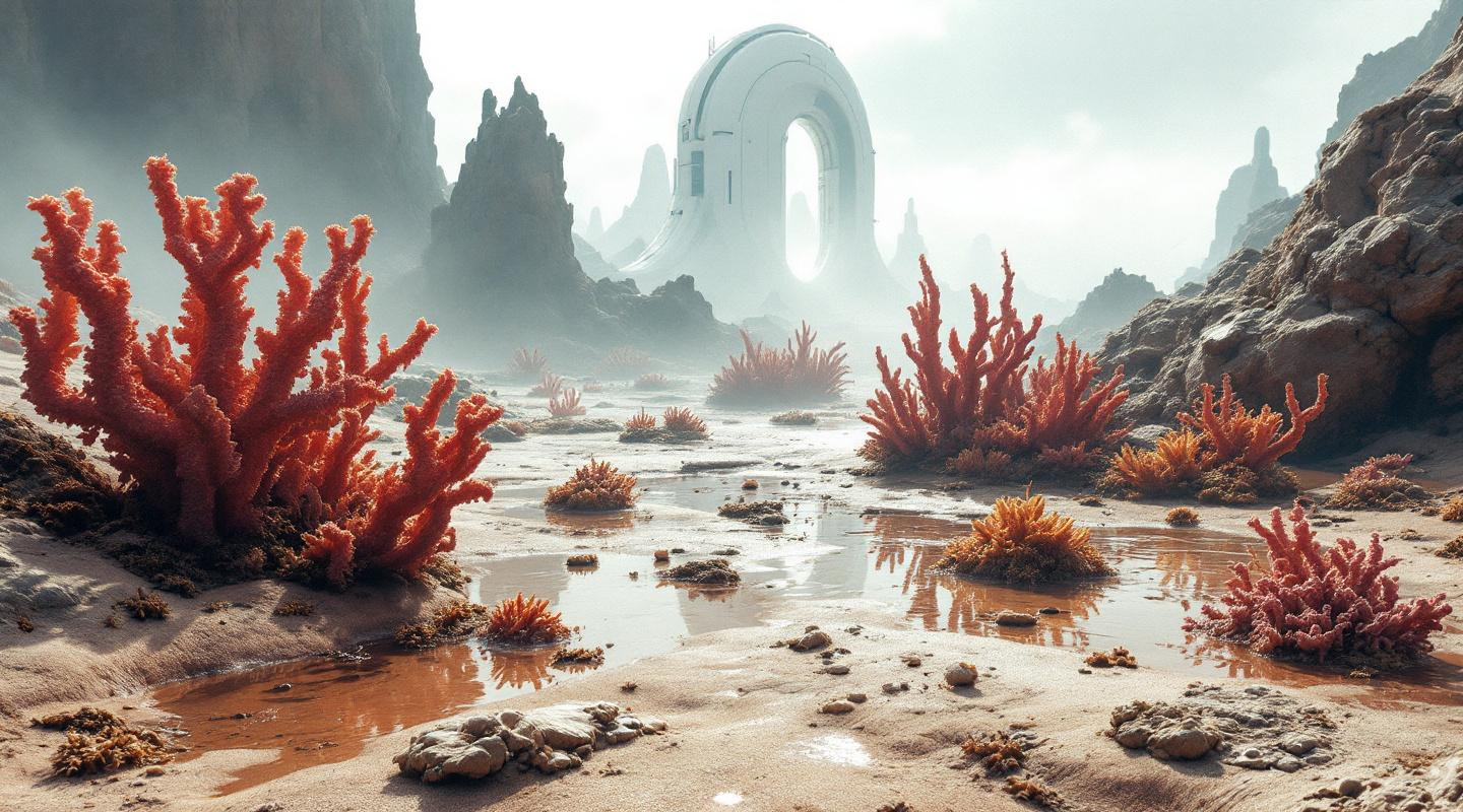 A dried-up seafloor dotted with shallow pools covere...