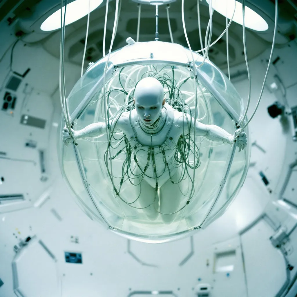 A bald humanoid wearing a tight white suit inside a...