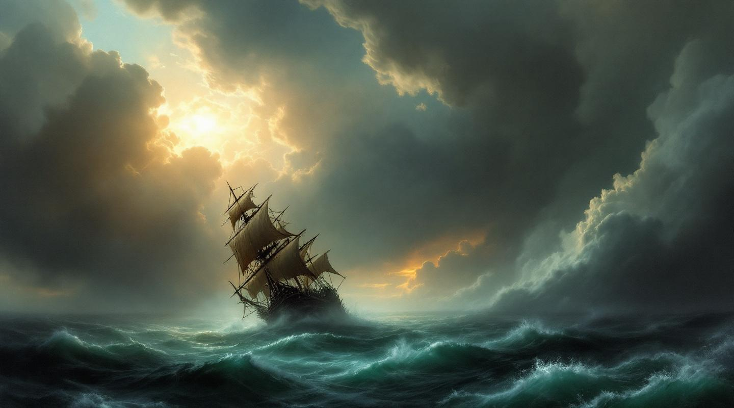 A tilted galleon ghost ship with torn sails shrouded...