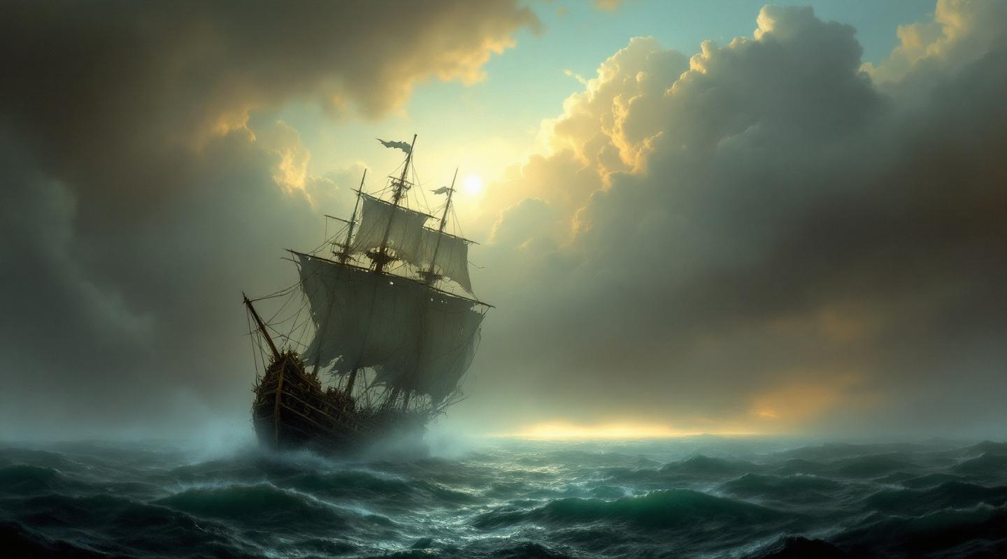A tilted galleon ghost ship with torn sails shrouded...