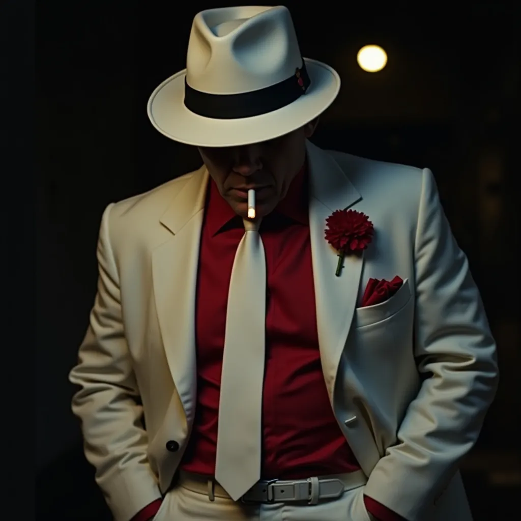 A nighttime scene . A close-up on a mafia boss dress...