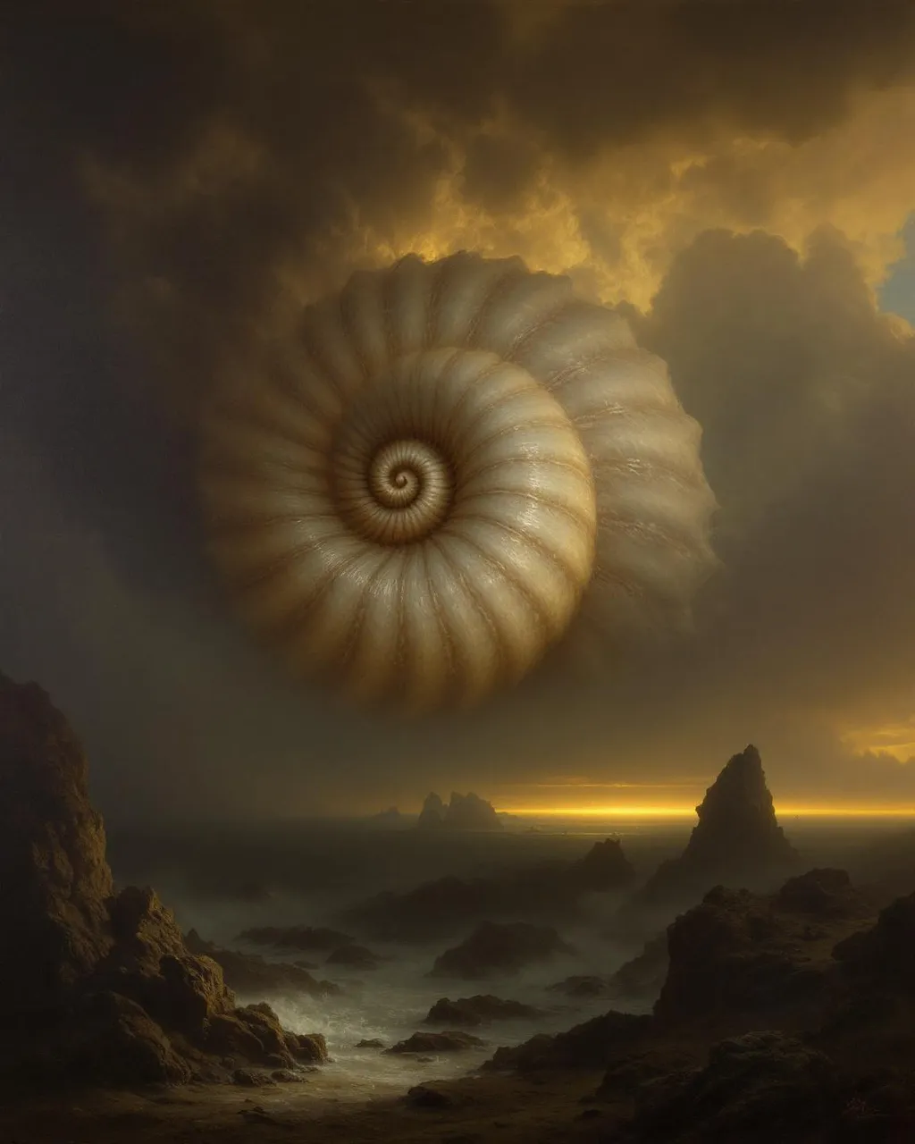 A colossal spiral seashell suspended in mid-air abov...