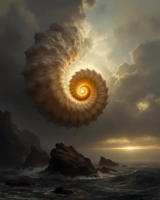 A colossal spiral seashell suspended in mid-air abov...