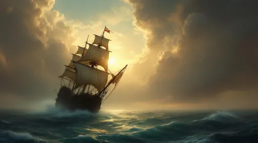 A tilted galleon ghost ship with torn sails shrouded...